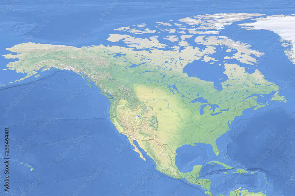 Physical map of North America - detailed topography based on WGS84 ...