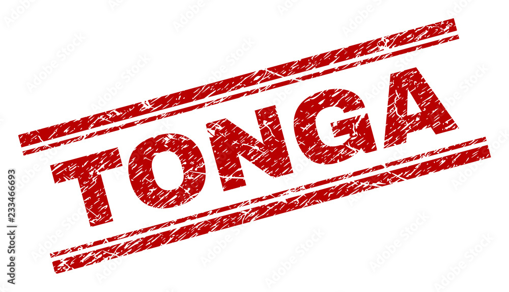 TONGA seal watermark with corroded texture. Red vector rubber print of ...