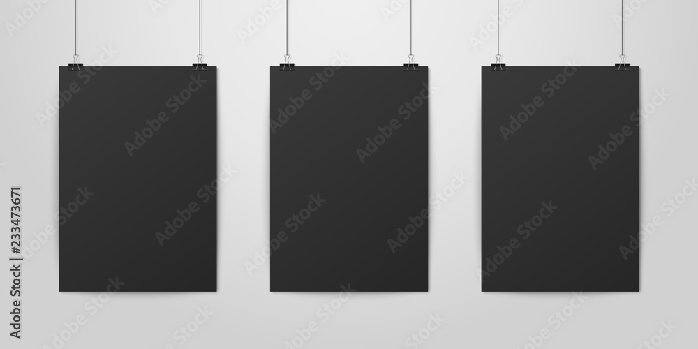 Three Vector Realistic Black Blank Vertical A4 Paper Poster Hanging on ...