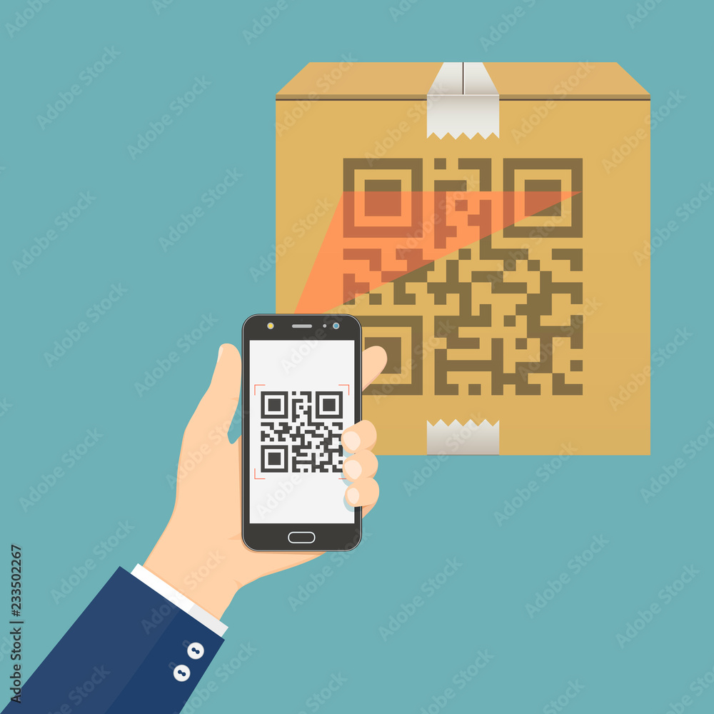 Hand holding mobile phone scanning QR code on cardboard box Stock ...