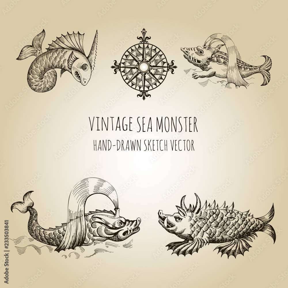 Mythological vintage sea monster. Fragment design of old pirate ...