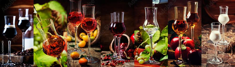 Strong alcoholic drinks, alcohol collection. Liqueurs and liquors in ...