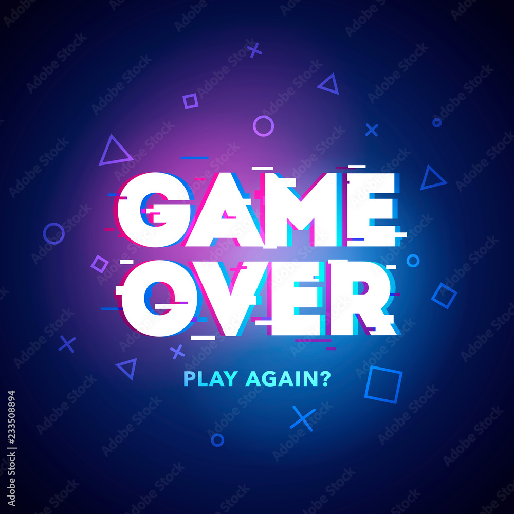 Vector Illustration word Game Over - Play Again in cyber noise glitch ...