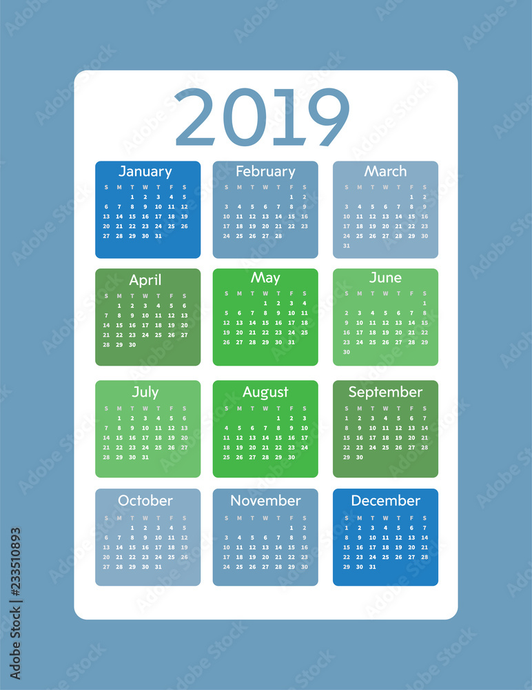 Pocket calendar for 2019. Vector illustration. Design, with months and ...