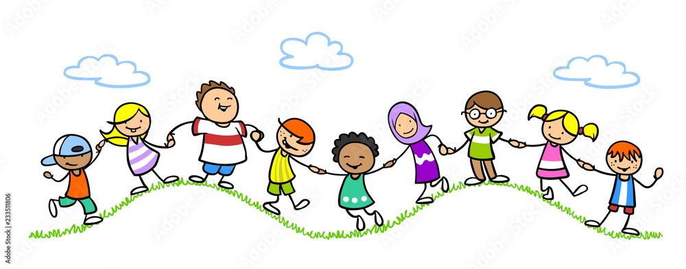 Gruppe Kinder in der Natur halten Hände Stock Illustration | Adobe Stock