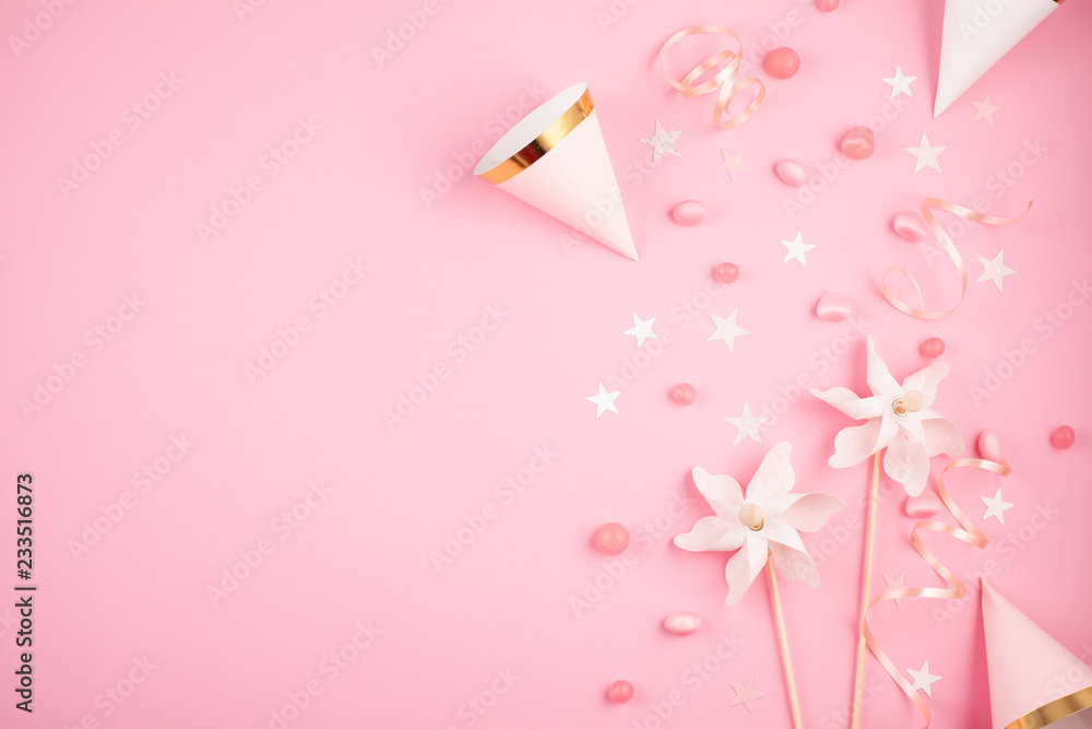 Girls party accessories over the pink background. Invitation, birthday ...