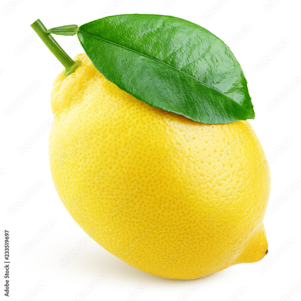 Ripe whole yellow lemon citrus fruit with green leaf isolated on white ...