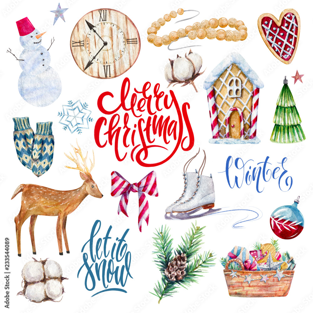Watercolor Christmas set of clipart illustration and lettering Stock ...