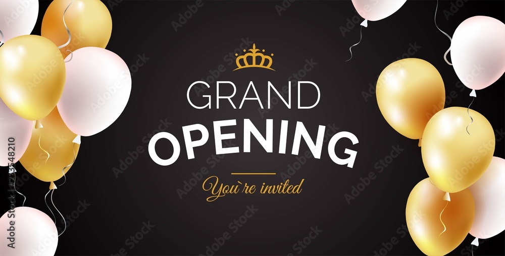 Grand opening black banner with golden and white balloons. Vector ...