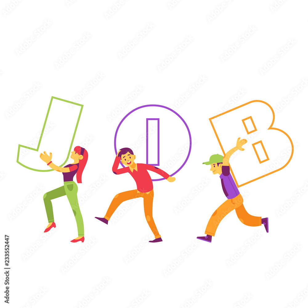 Vector cartoon characters carry job letters on shoulders with a smile ...