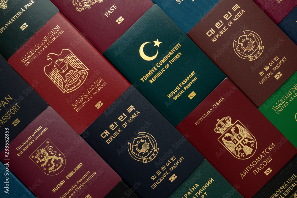 Background from various passports of citizens of many countries and ...