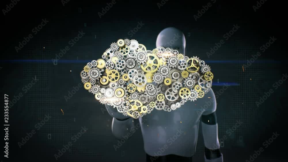 Robot, cyborg touched screen, Gears making cloud computer server shape ...