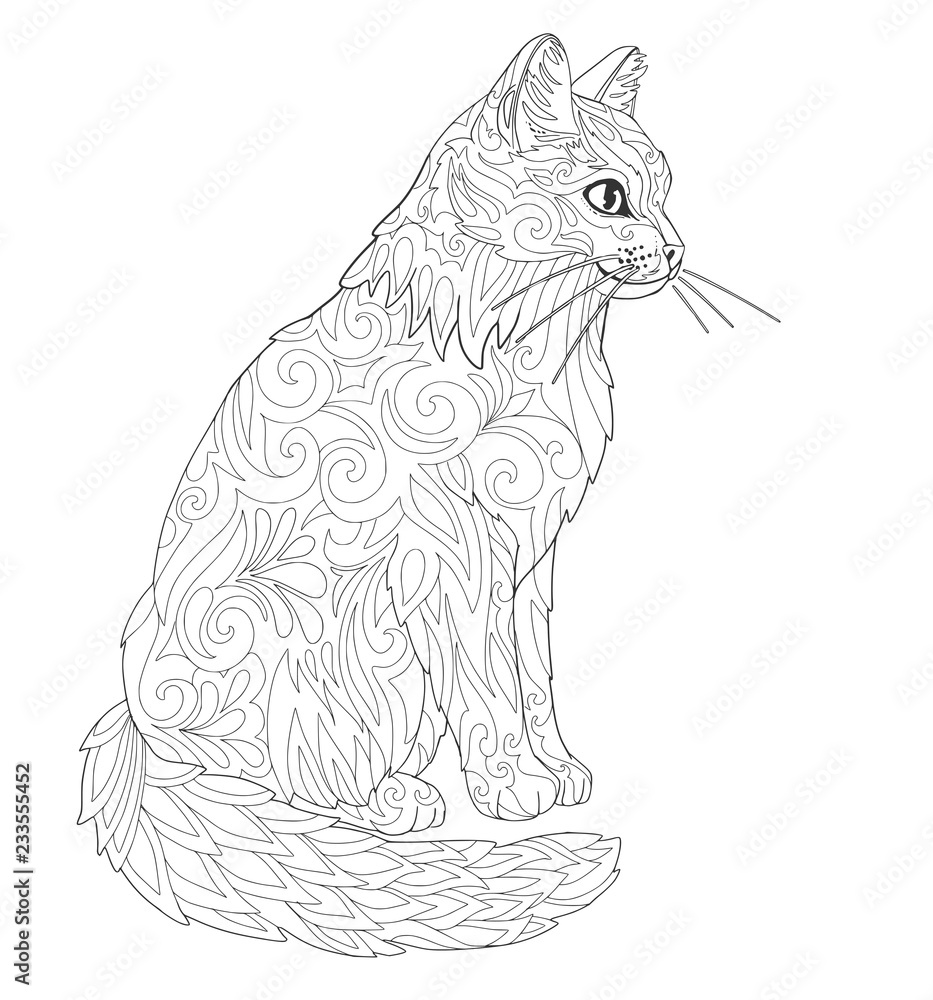 Cat coloring book page. Decorative ornamental cat isolated on white ...
