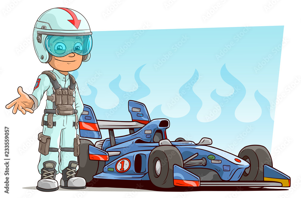 Cartoon racer in helmet with modern sport car Stock Vector | Adobe Stock