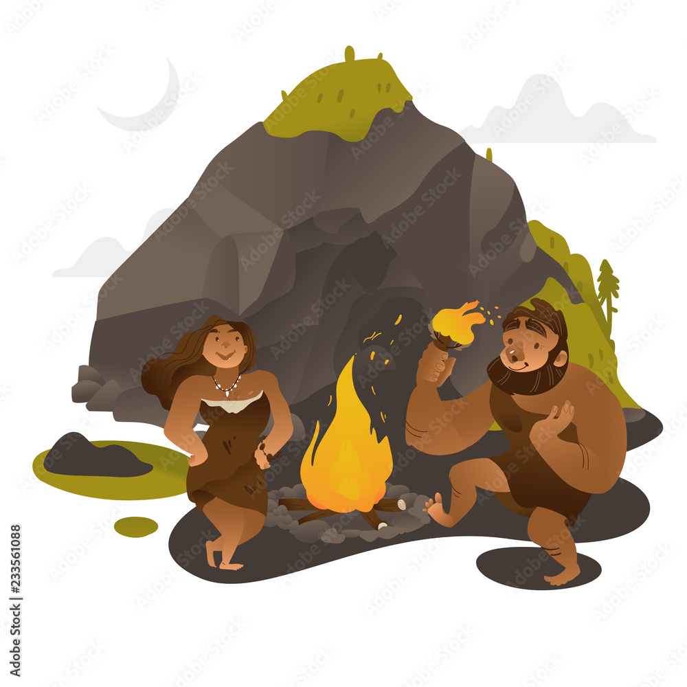 Ancient people dancing around fire near rock in stone age in flat style ...