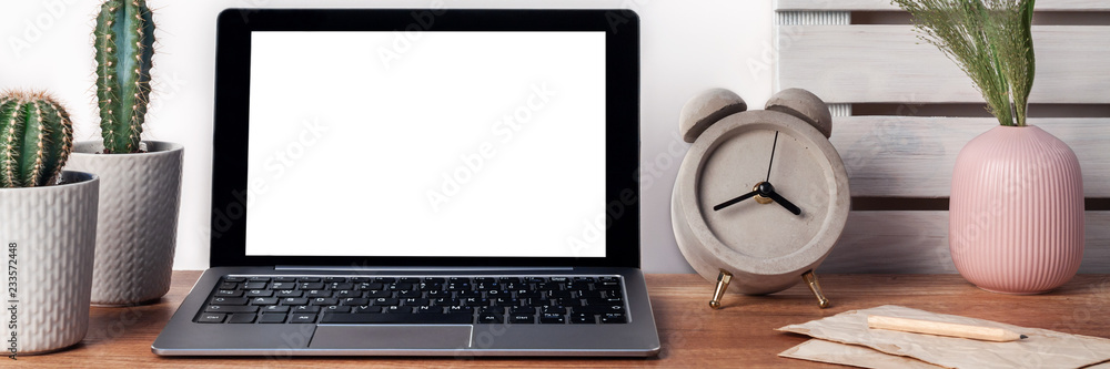Panoramic photo of hipster wooden desk with open laptop mockup, cacti ...