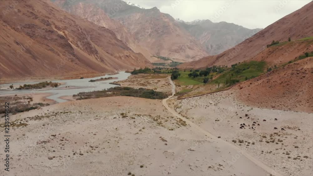 Areal Dron Shoot View of the Pamir, Afghanistan and Panj River Along ...