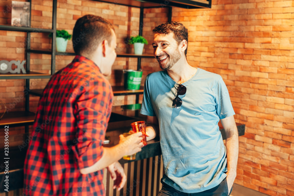 Two men in casual clothes having a conversation at bar counter in pub ...