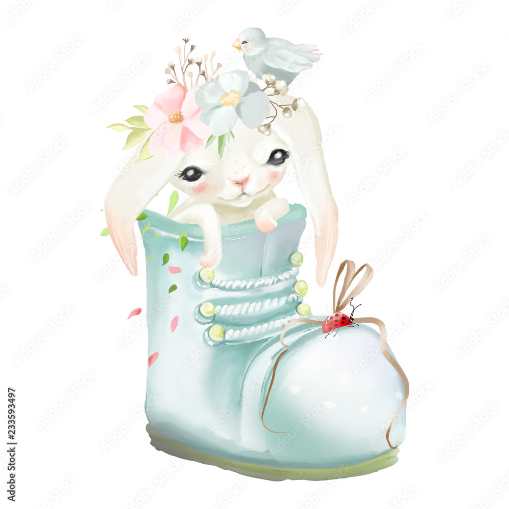 Cute white baby bunny with flowers, floral wreath and a little cute ...
