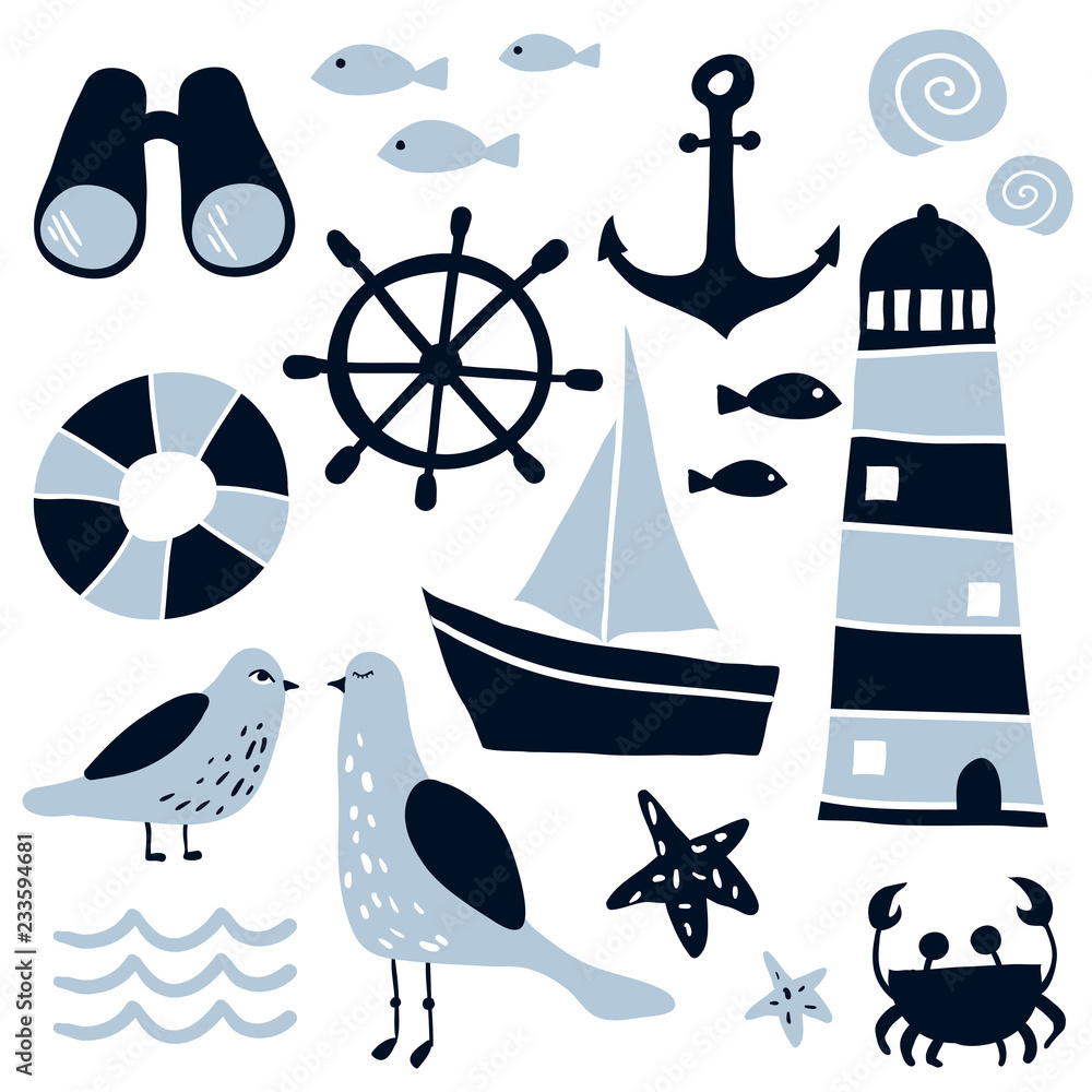 Set of nautical design elements: anchor, starfish, wheel, boat, fish ...