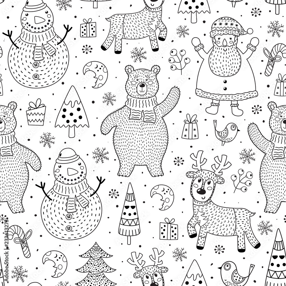 Christmas seamless pattern for coloring page. Black and white ...