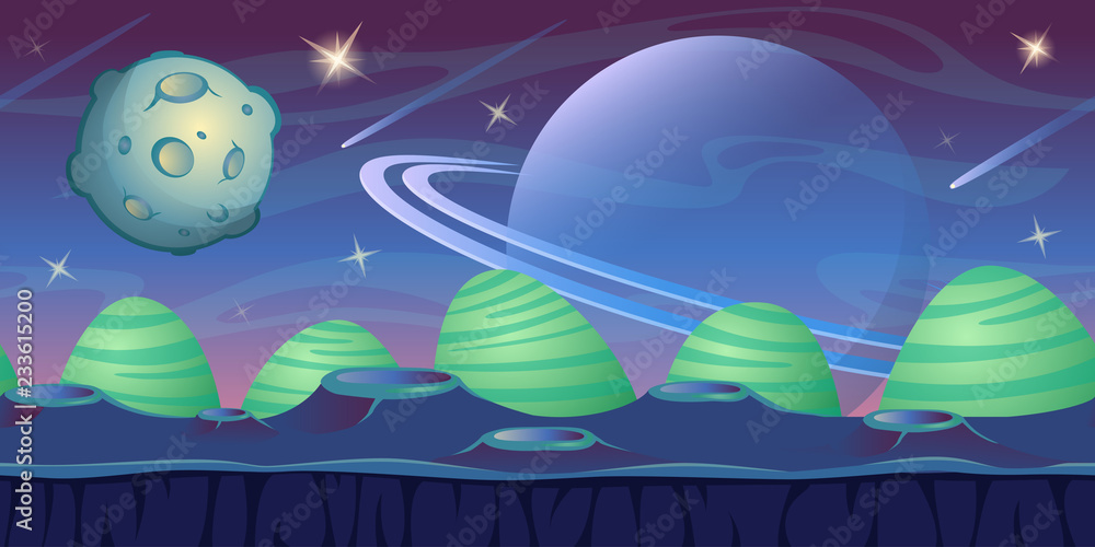 Fantasy space background for UI game. Blue alien landscape background ...