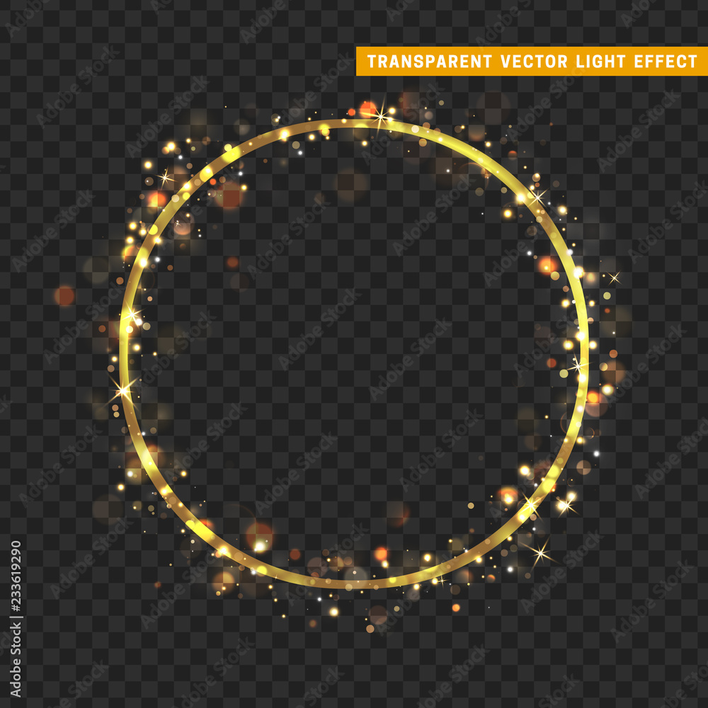 Gold circle frame with glowing lights and sparkle bokeh effects ...