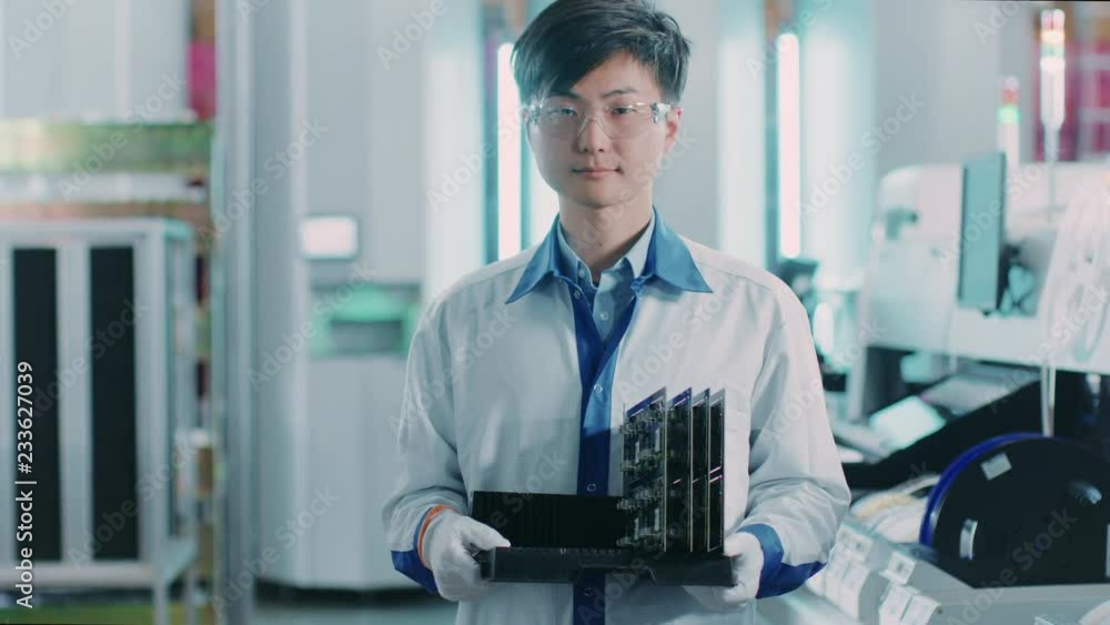 On High-Tech Factory Asian Worker Holds Batch with Electronic Printed ...