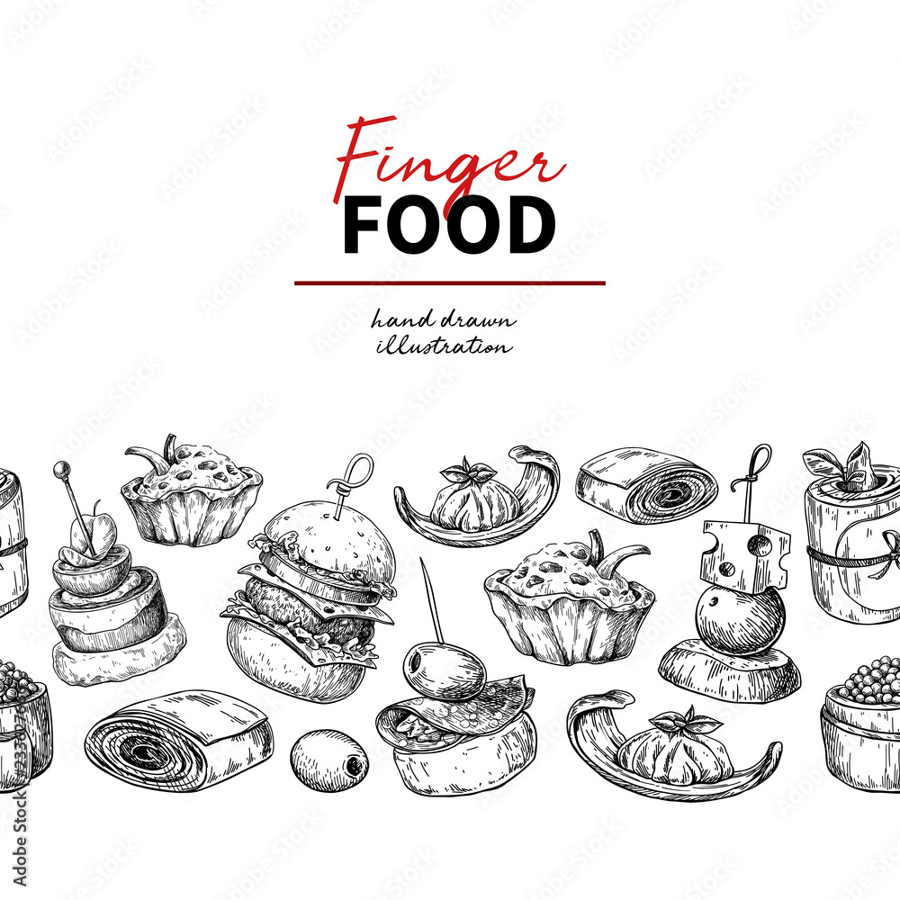 Finger food vector drawing. Catering service template for flyer, Stock ...