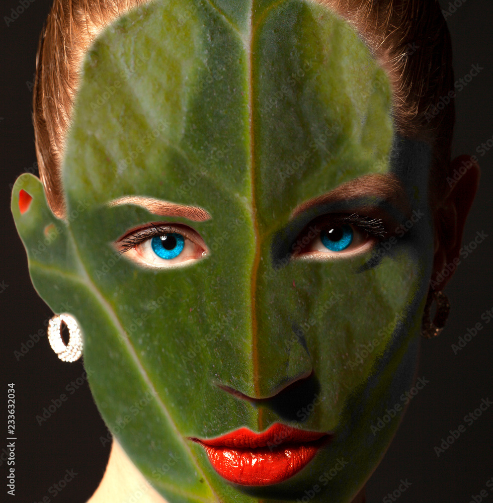 Woman face with leaf texture and blue eyes. Ecology concept. Stock ...