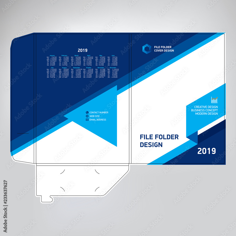 Document folder design, cover design with calendar 2019, photo and text ...