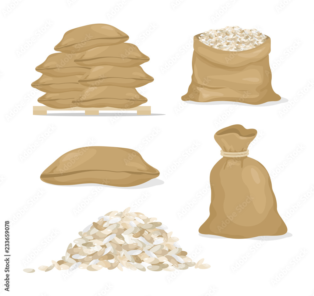 Vector illustration set of rice in bags and rice grain, cereals in ...