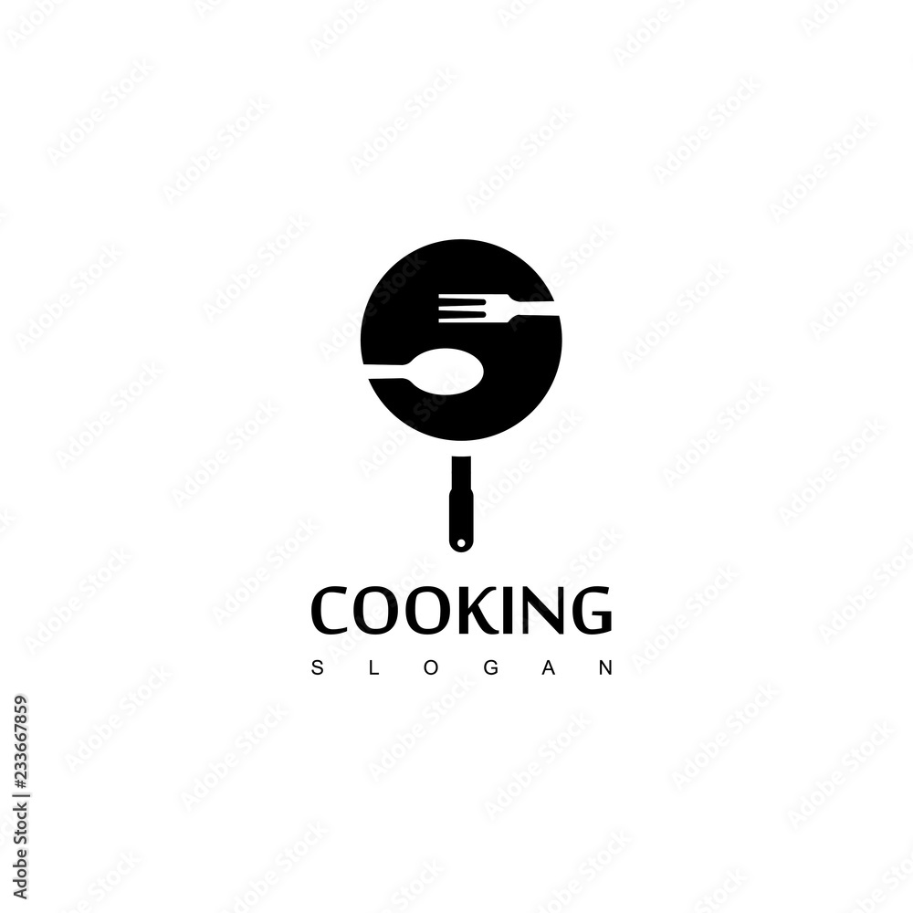 Cooking Logo with Spoon,fork and teflon Symbol Stock Vector | Adobe Stock