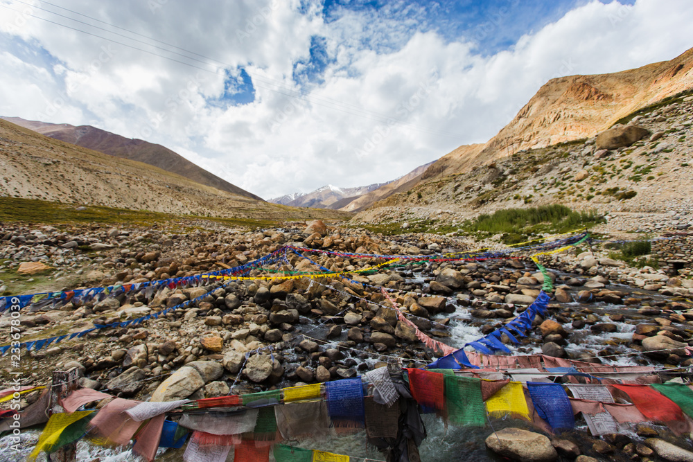 Tibetan Buddhism prayer flags (lungta) with prayer mantra. Leh, Ladakh ...