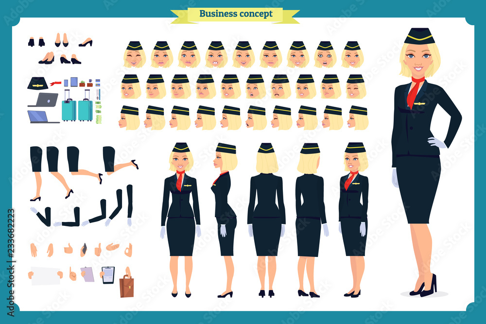 Woman character creation set. The stewardess, flight attendant. Icons ...