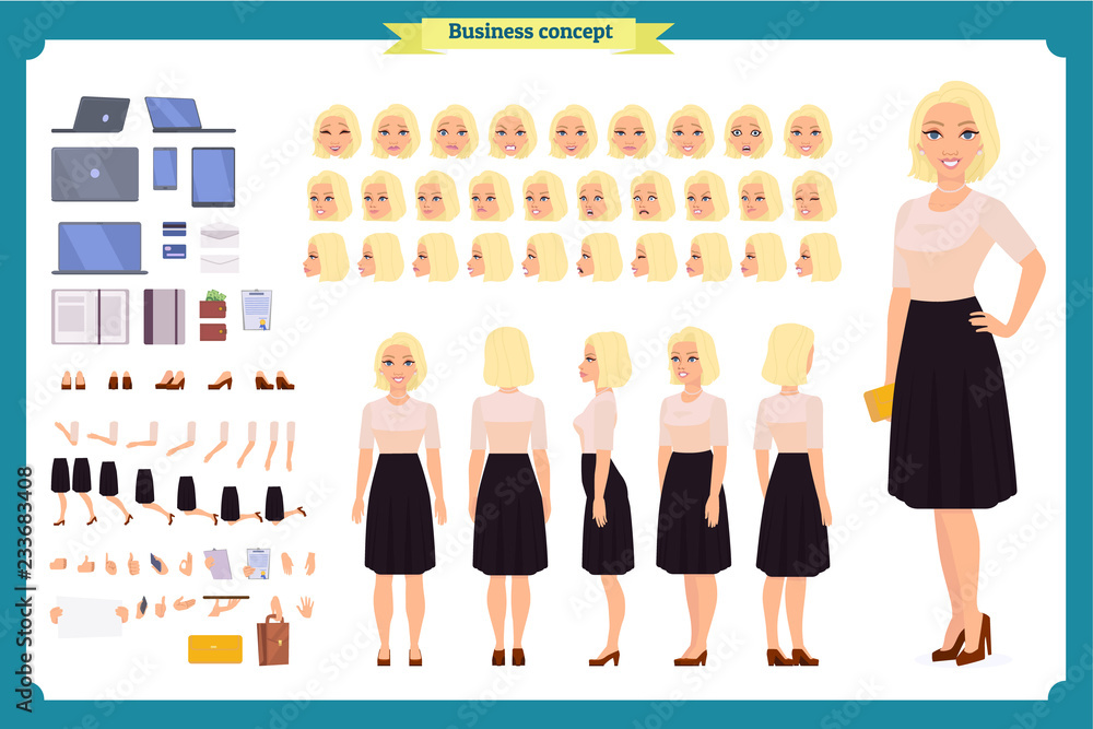 Pretty female office employee character creation set. Full length ...