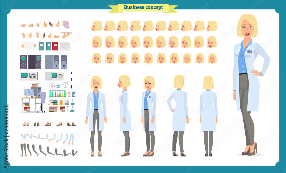 Scientist character creation set. Woman works in science laboratory at ...