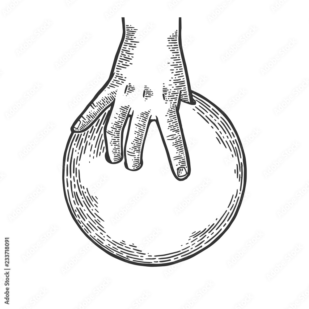 Hand with bowling ball engraving vector illustration. Scratch board ...