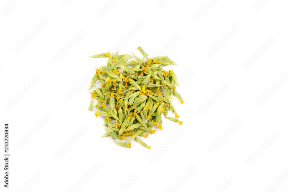 Pile of dried cowslips for making healthy tea isolated on white ...