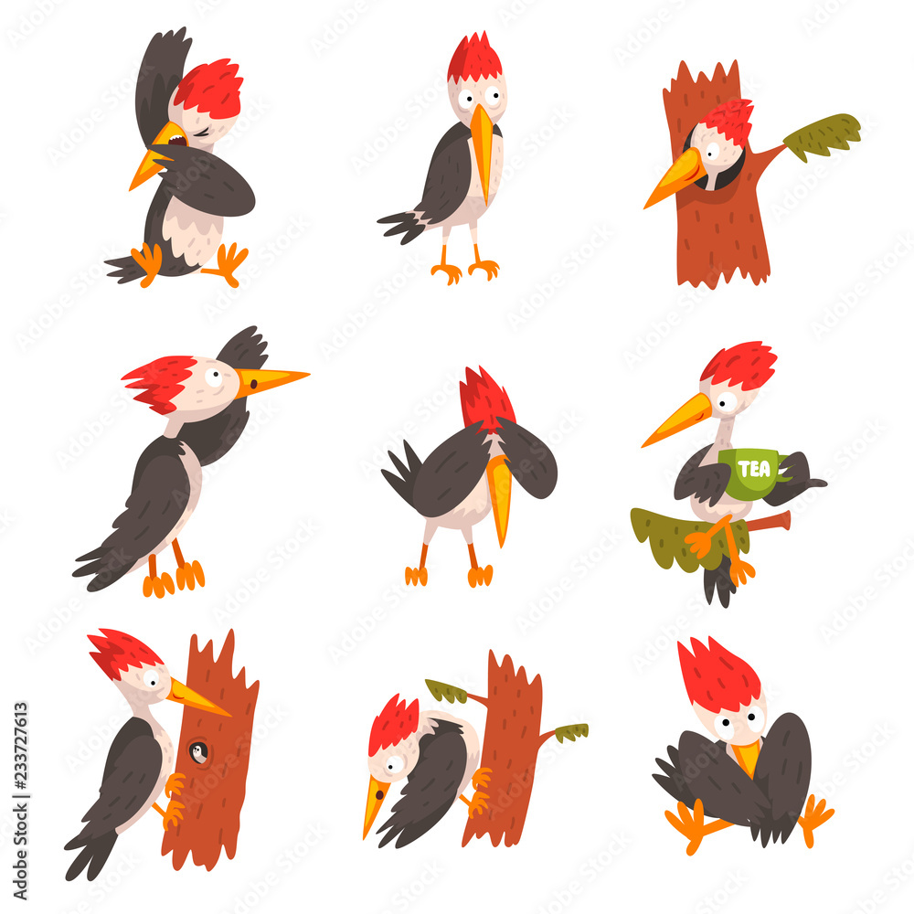 Cute woodpecker set, funny bird cartoon character in different ...