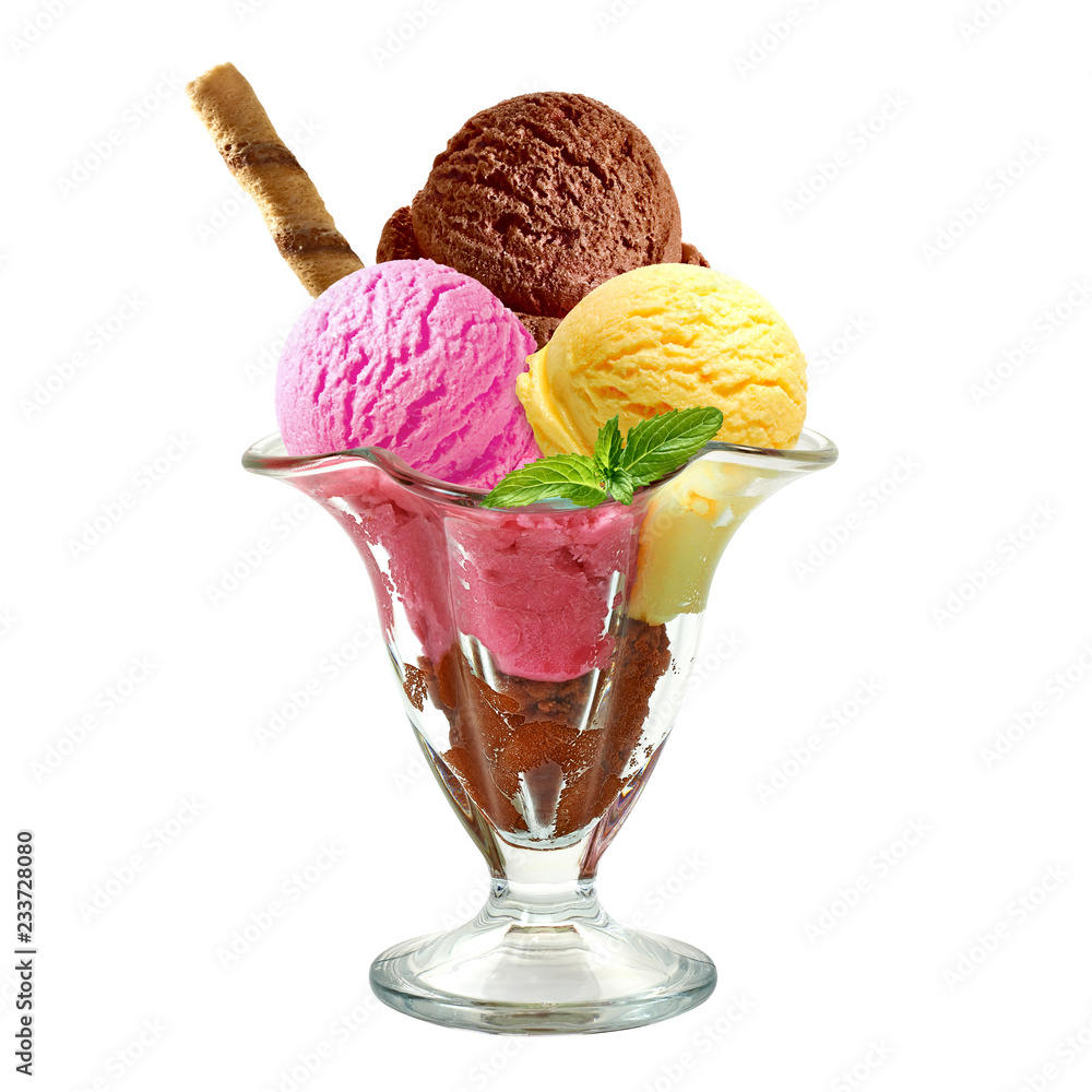 Strawberry and chocolate sundae ice cream cup and wafer stick isolated ...
