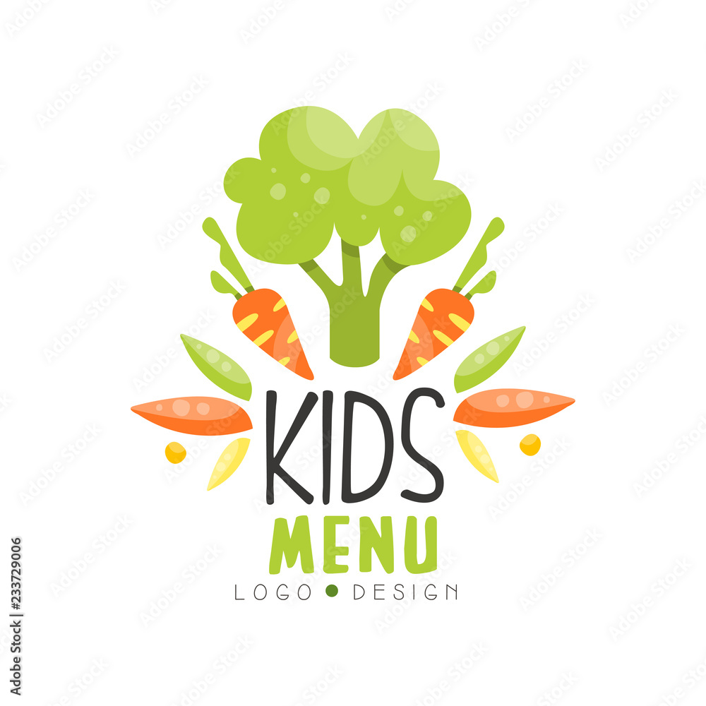 Kids menu logo design, healthy organic food colorful creative template ...