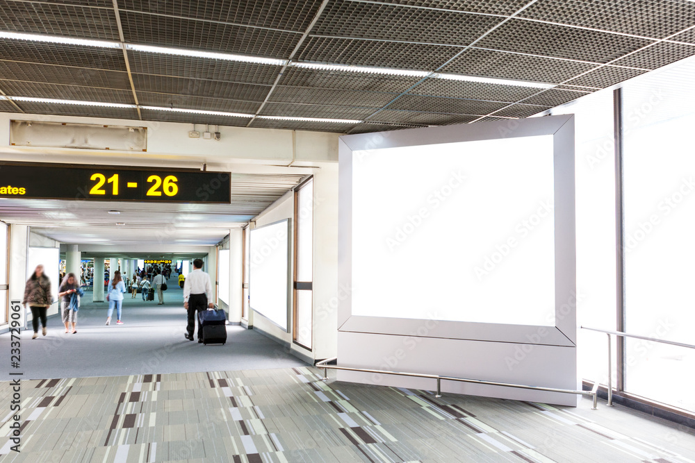 Blank mock up light box template vertical sign stand display in Airport ...