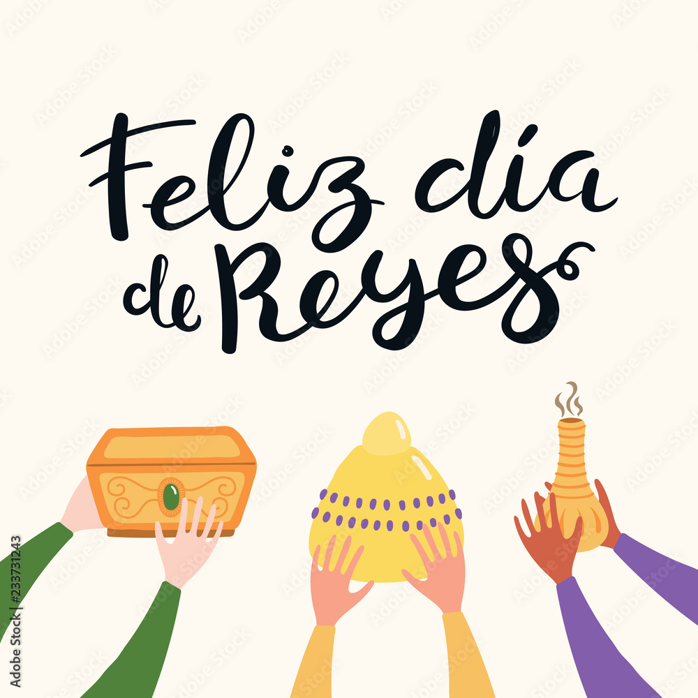 Hand drawn vector illustration of three kings hands with gifts, Spanish ...