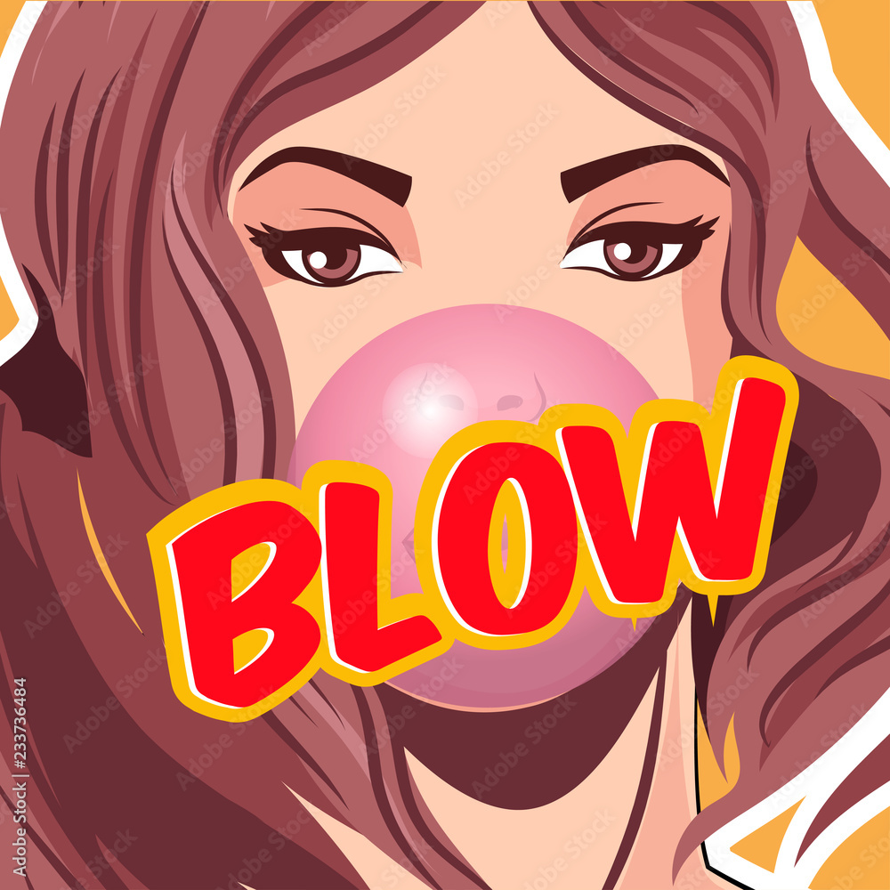 Girl blowing bubblegum, vector illustration. Blow comic text Stock ...