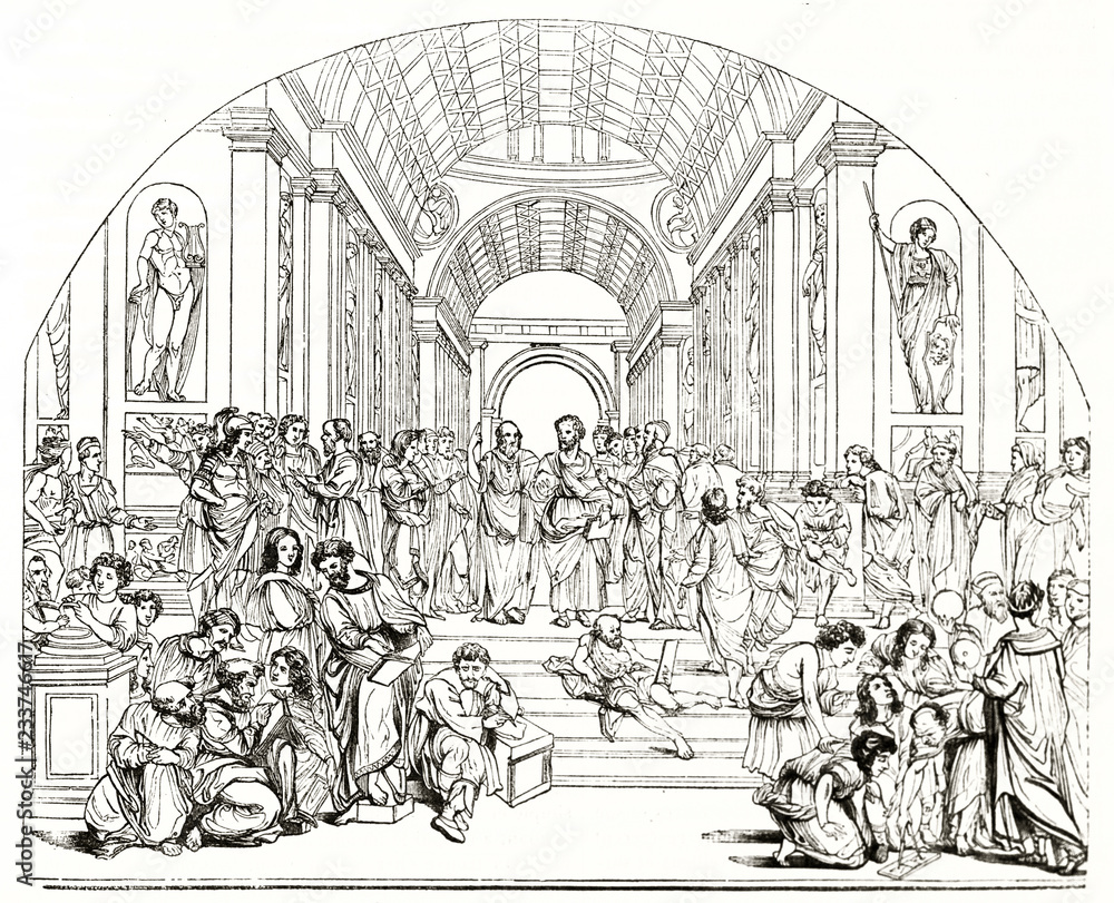 Ancient greek people in a large hall wearing tunics. Old engraved ...