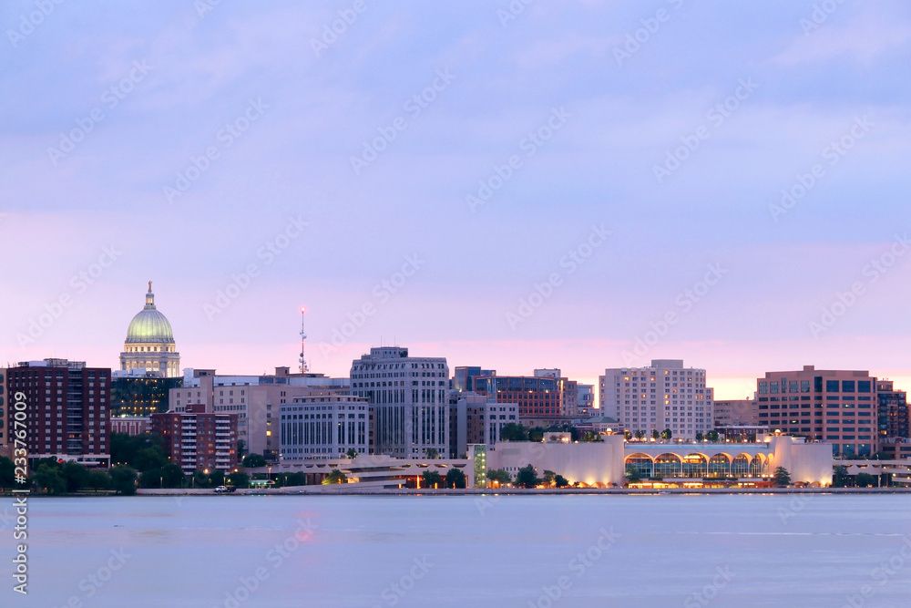 Downtown skyline of Madison, the capital city of Wisconsin, USA. After ...