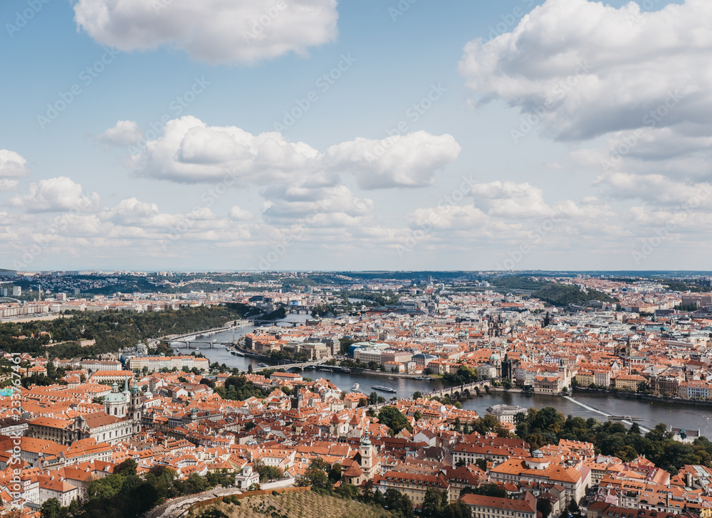 Aerial view of Prague rooftops and skyline and castle from the viewing ...