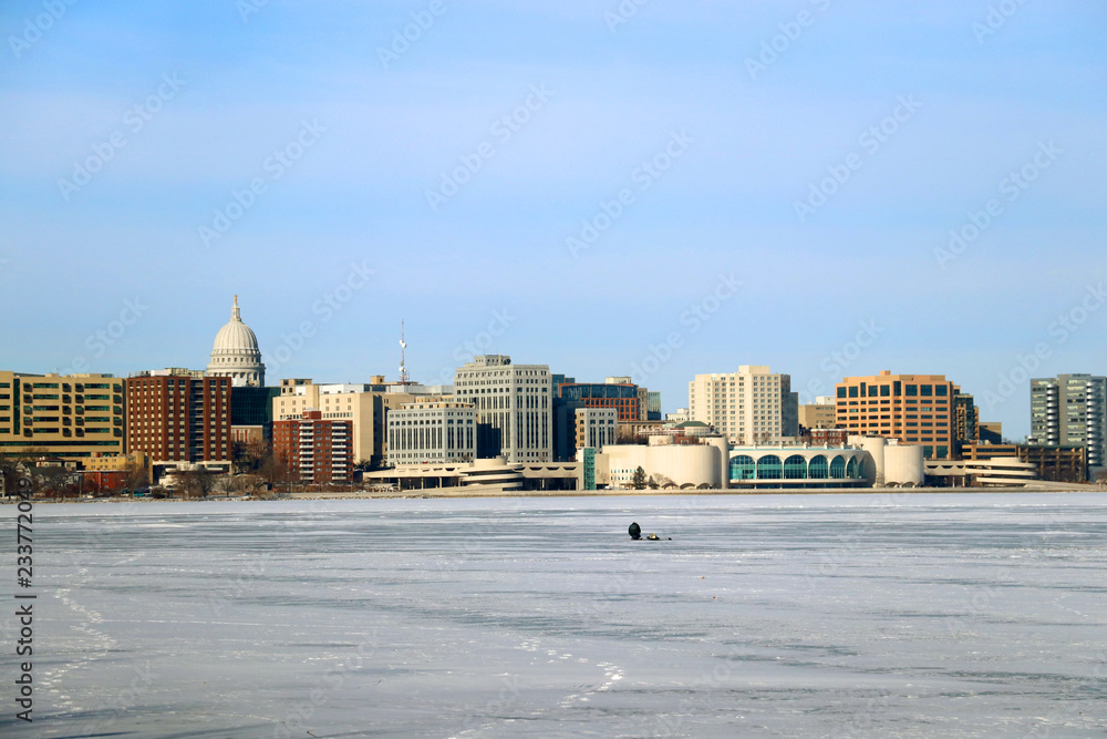 Downtown skyline of Madison, the capital city of Wisconsin, USA. Winter ...