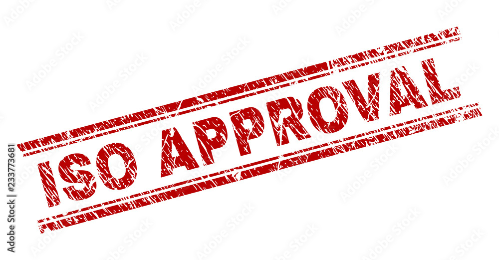 ISO APPROVAL seal print with distress texture. Red vector rubber print ...